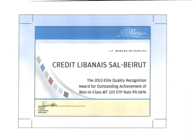 JPMorgan Chase Bank Award Credit Libanais with the “MT 103 Elite ...
